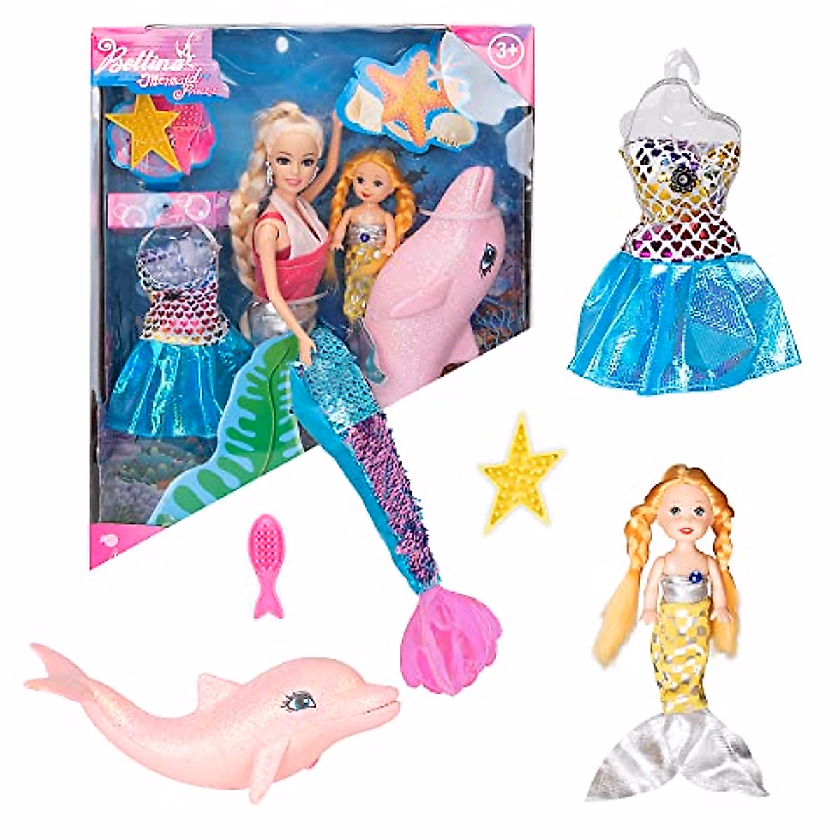 BETTINA Mermaid Princess Doll Pack, Color Changing Mermaid Tail, Dress Doll 12" and Dress Doll 3" and Dolphin Color Reveal Mermaid Toys for Little Girls and Play Gift Set Aged 3+