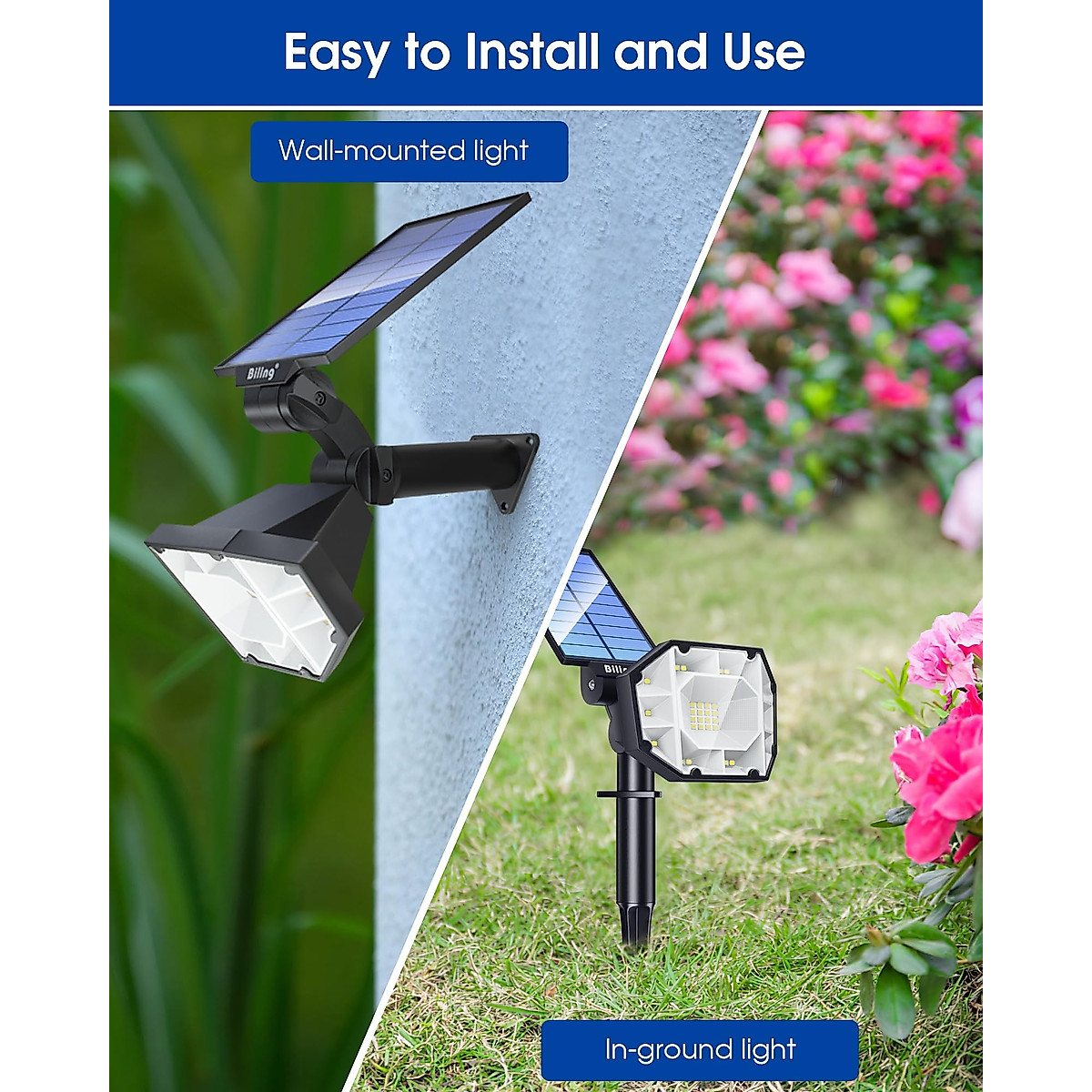 Biling 30 LEDs Solar Spot Lights Outdoor, Adjustable Solar Lights for Outside, IP67 Waterproof Solar Outdoor Lights for Garden Yard House Tree 4 Pack Warm White