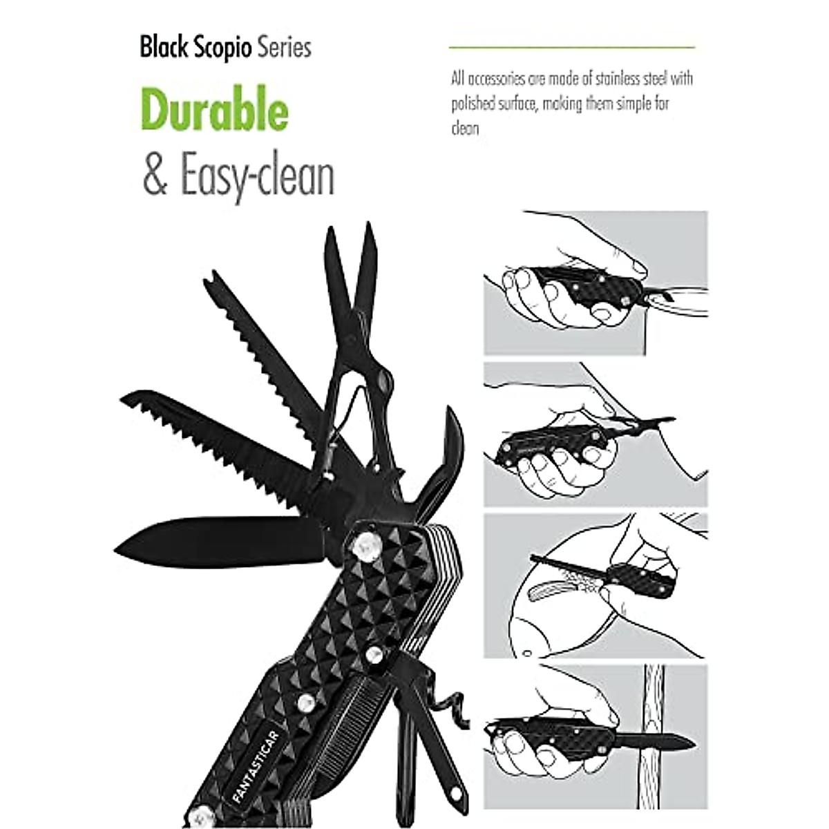 FantastiCAR 15 in 1 Multi-Tool, EDC Folding Pocket Knife with Premium Gift Box for Camping, Fishing, Hunting, Survival, Outdoor (Black)