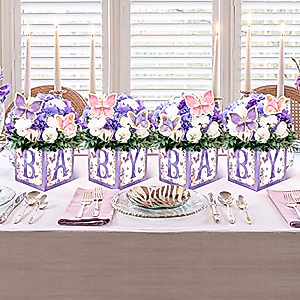 Levfla Purple Butterfly Baby Centerpiece Boxes with Butterfly Cutouts, Party Floral Arrangement, Baby Shower Table Decoration without Flowers, Set of 4 Blocks & 8 PCS Butterfly Cardstocks