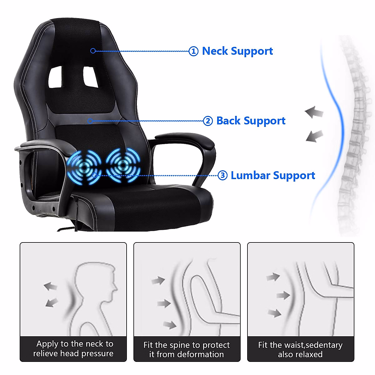 Gaming Chair Desk Chairs Ergonomic Office Chair Comfortable Massage Computer Desk Chair with Adjustable Backrest and Height, PU Leather Executive PC Swivel Chair Chair with Lumbar Support (Black)