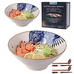 NJCHARMS Ceramic Japanese Ramen Noodle Soup Bowl, 2 Sets (6 Piece) 60 Ounce Ramen Bowls, with Spoons and Chopsticks for Udon, Pho, Asian Noodles, Ramen Noodles Bowl, Blue