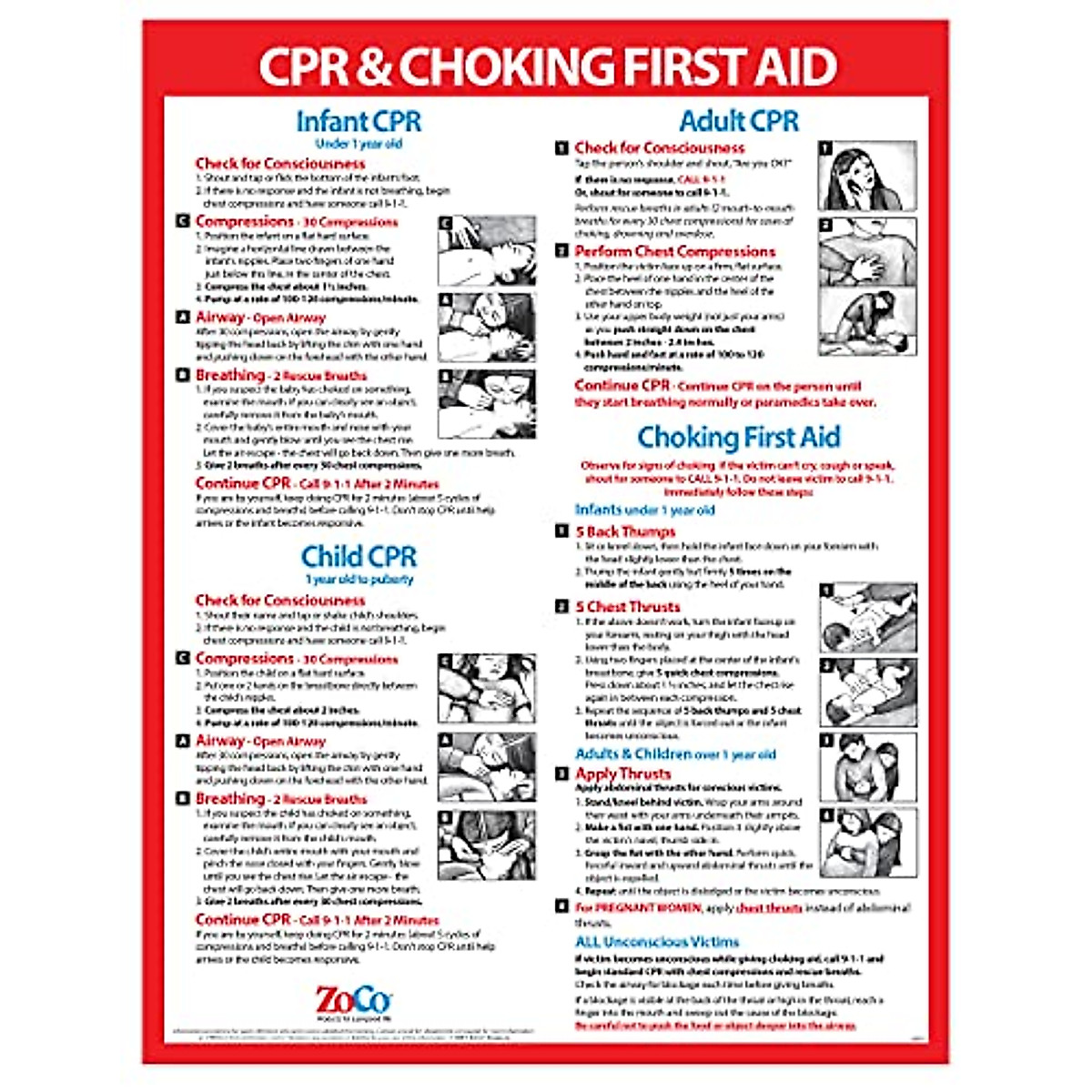 CPR Poster - Heimlich Maneuver Restaurant Sign - Laminated, 17 x 22 inches - Infant, Child, Adult CPR and Choking First Aid Poster - School Nurse Office Decor