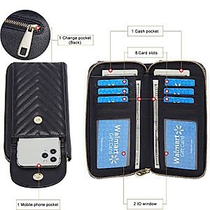 FOXLOVER Leather Small Crossbody Bags Cell Phone Purse for Women Fashion Shoulder Bag RFID Blocking Wallet Purse with Credit Card Slots(Black Quilted)