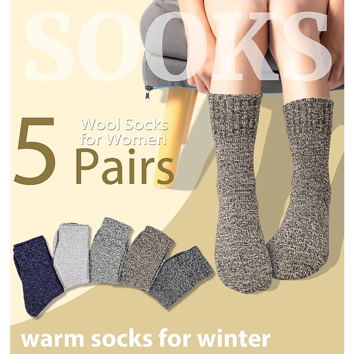 YSense 5 Pairs Women's Wool Socks - Thick Knit Warm Winter Socks; Cozy & Comfy Gifts