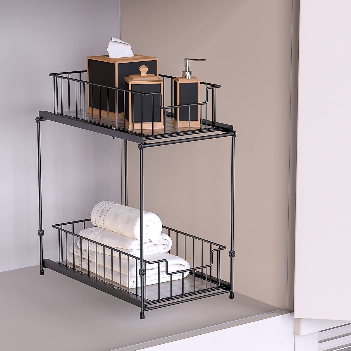 Weronique Under Sink Organizer 2 Tier Kitchen Cabinet Organizer Bahtroom Cabinet Organizer with Sliding Storage Basket Drawers, Black