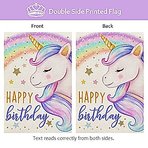 CROWNED BEAUTY Happy Birthday Garden Flag 12x18 Inch Double Sided Girl Unicorn Rainbow Outside Welcome Party Decoration Gift Yard Flag