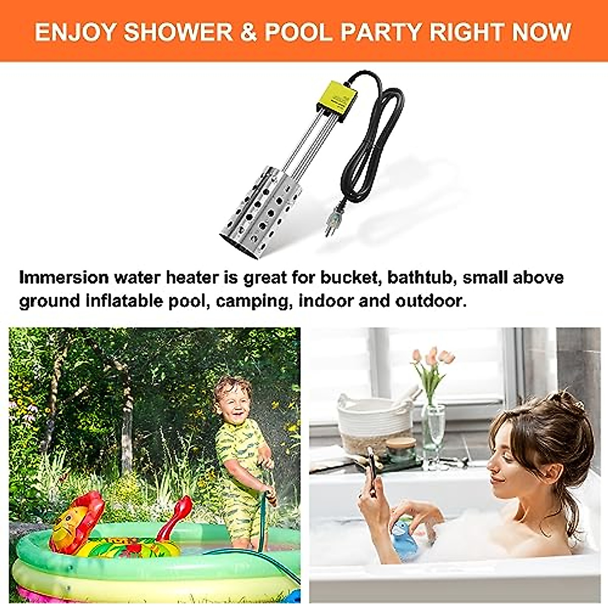 GESAIL 1000W Electric Immersion Heater, Bucket Water Heater with 304 Stainless-Steel Guard, Submersible Bucket Heater with Thermostat and Auto Shutoff, Heats 5 Gallons Water in Minutes