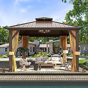 MELLCOM 12'x12' Hardtop Gazebo, Galvanized Steel Metal Double Roof Aluminum Gazebo with Curtain and Netting, Permanent Pavilion Gazebo for Patio, Lawn and Garden