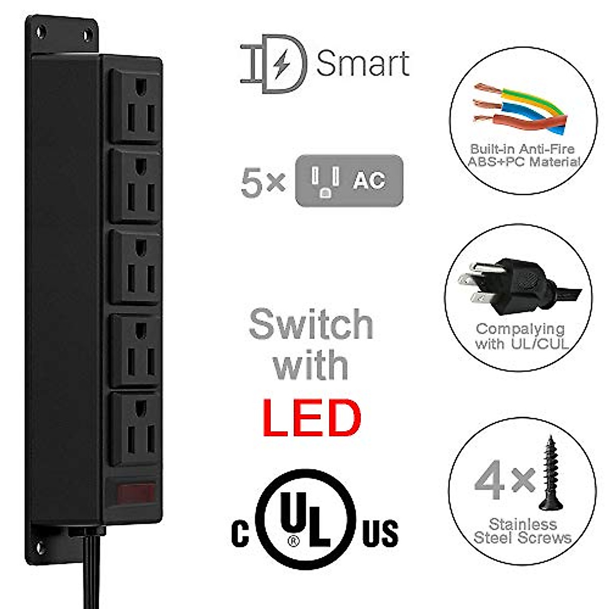 Mountable Power Strip Wall Mount Power Outlets Screw Down Power Socket in Desk Under Cabinet Power Station 5AC Outlet 6.56 Feet Extension Cord, On&Off Switch Black