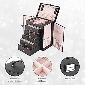 ProCase Large Jewelry Organizer Box for Women Girls, 6 Layers Storage Display Holder Case with Drawers and Dividers for Earrings Necklaces Rings Bracelets Watches -Black