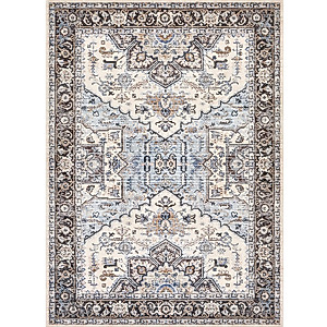 Area Rug Living Room Rugs - 8x10 Soft Machine Washable Oriental Persian Floral Distressed Rug Large Indoor Floor Carpet for Bedroom Under Dining Table Home Office Decor - Cream Blue