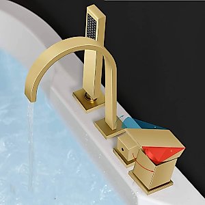 WATHELS Modern 4-Hole Waterfall Brushed Gold Bathtub Faucet Bathroom Roman Tub Filler Solid Brass Tub Faucet with Handheld Shower