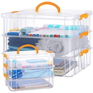 6 PACK 2 Sizes 3-Tier Plastic Storage Containers with Lids, Handled Art Supply Craft Organizer Storage Box for Organizing Craft, Stationery, Sewing, Art Craft, Jewelry and Beauty Supplies (Orange)