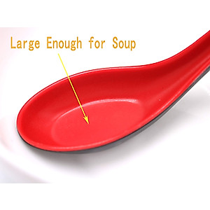 Large Japanese Soup Spoons Red and Black with Long Handle, Set of 8