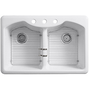 KOHLER K-6482-3A4-47 Bellegrove Double Bowl Top-Mount Kitchen Sink with Three Hole Drillings, Almond