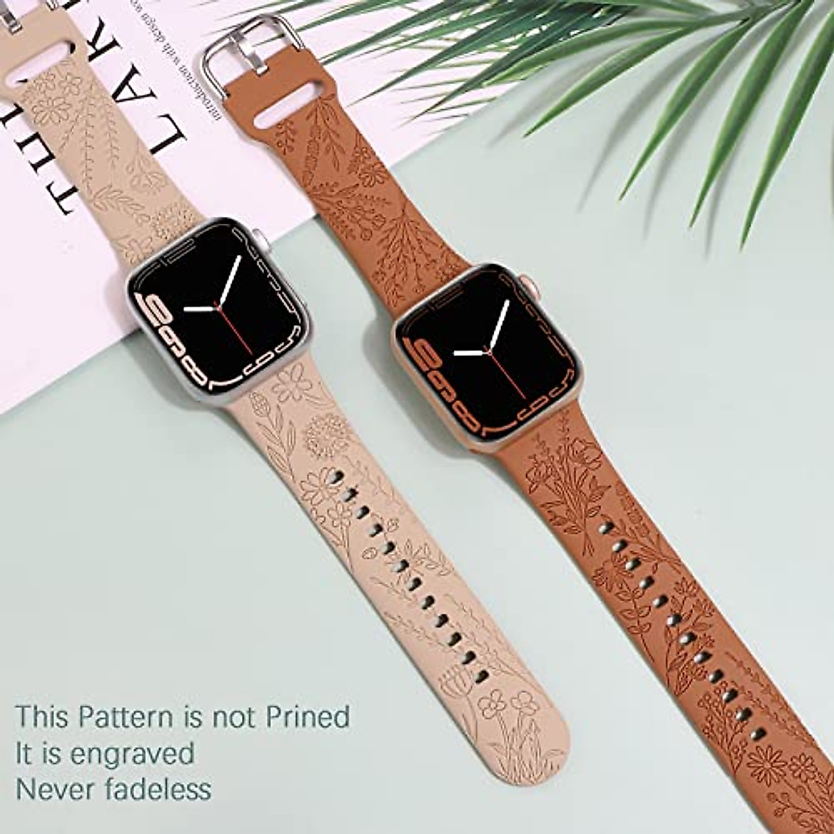 Flower Engraved Silicone Band Compatible with Apple Watch Bands 38mm 40mm 41mm, Cute Women Wildflowers Floral Design Soft Sport Strap Replacement Wristbands for iWatch Series 8 7/SE/6/5/4/3/2/1 (38/40/41mm, Walnut Brown Brown)