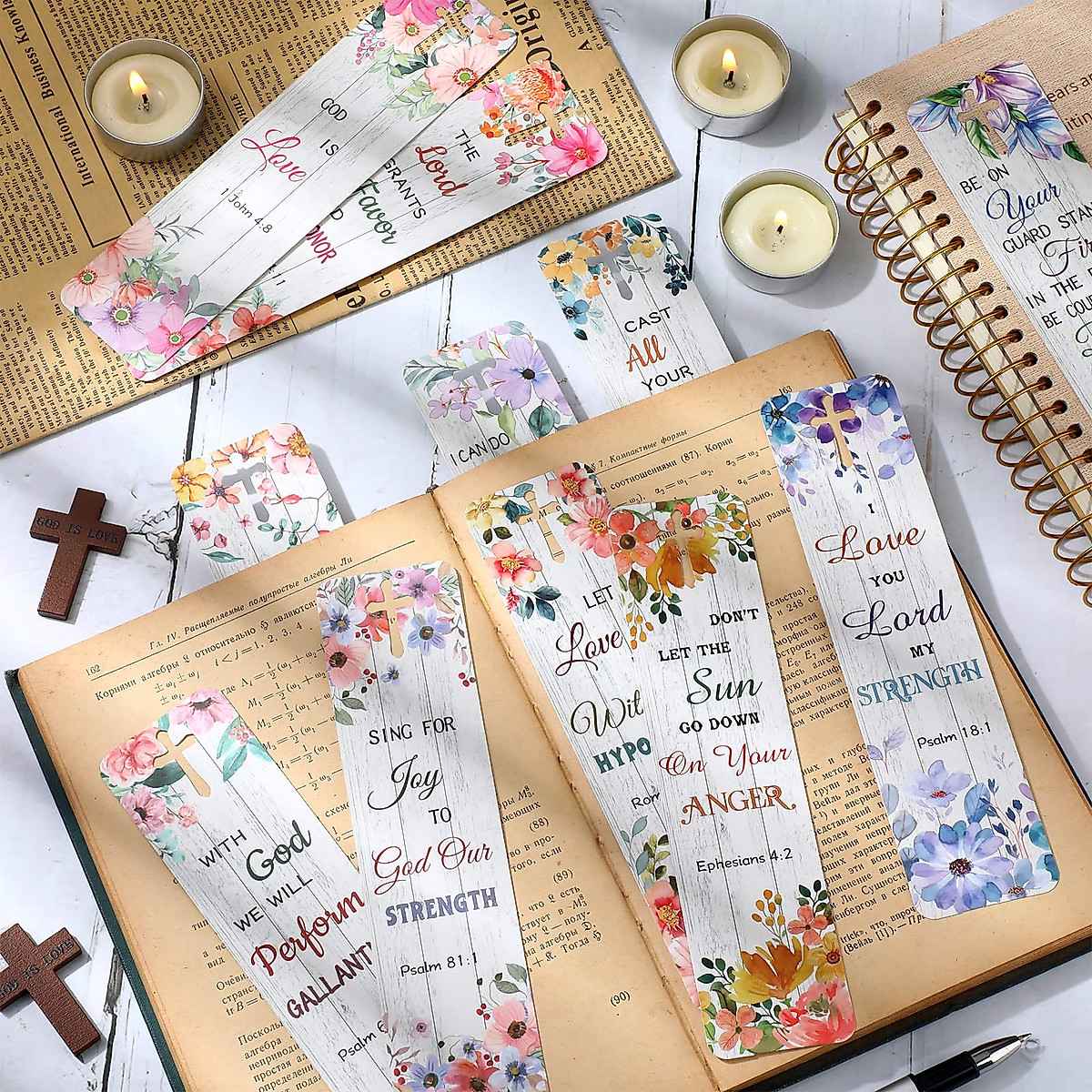 120 Pieces Bible Verses Bookmarks with Hollow Cross for Women Scripture Bookmarks Christian Book Markers for Women Men Church Gifts Supplies (Wood Flower)