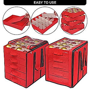 ProPik Christmas Ornament Storage Boxes with Dividers - 5 Separate Trays - Ornament Holder - Keeps 100 Holiday Ornaments - Durable Carrying Bag Handles Organizer Storage Box (Red)