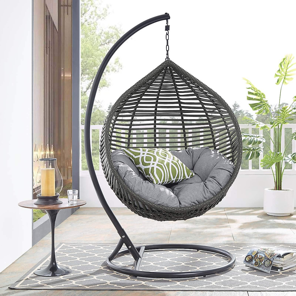 Modway Garner Outdoor Patio Wicker Rattan Teardrop Swing Chair in Gray Gray