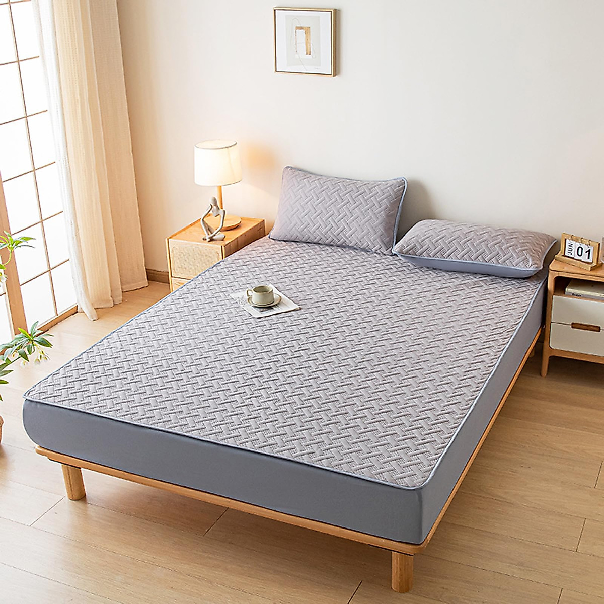 Quilted Mattress Pad,Cotton Fitted Sheet Mattress Protector - Deep Pocket Mattress Cover Mattress Topper(Not Include Pillowcases) (Gray, King)