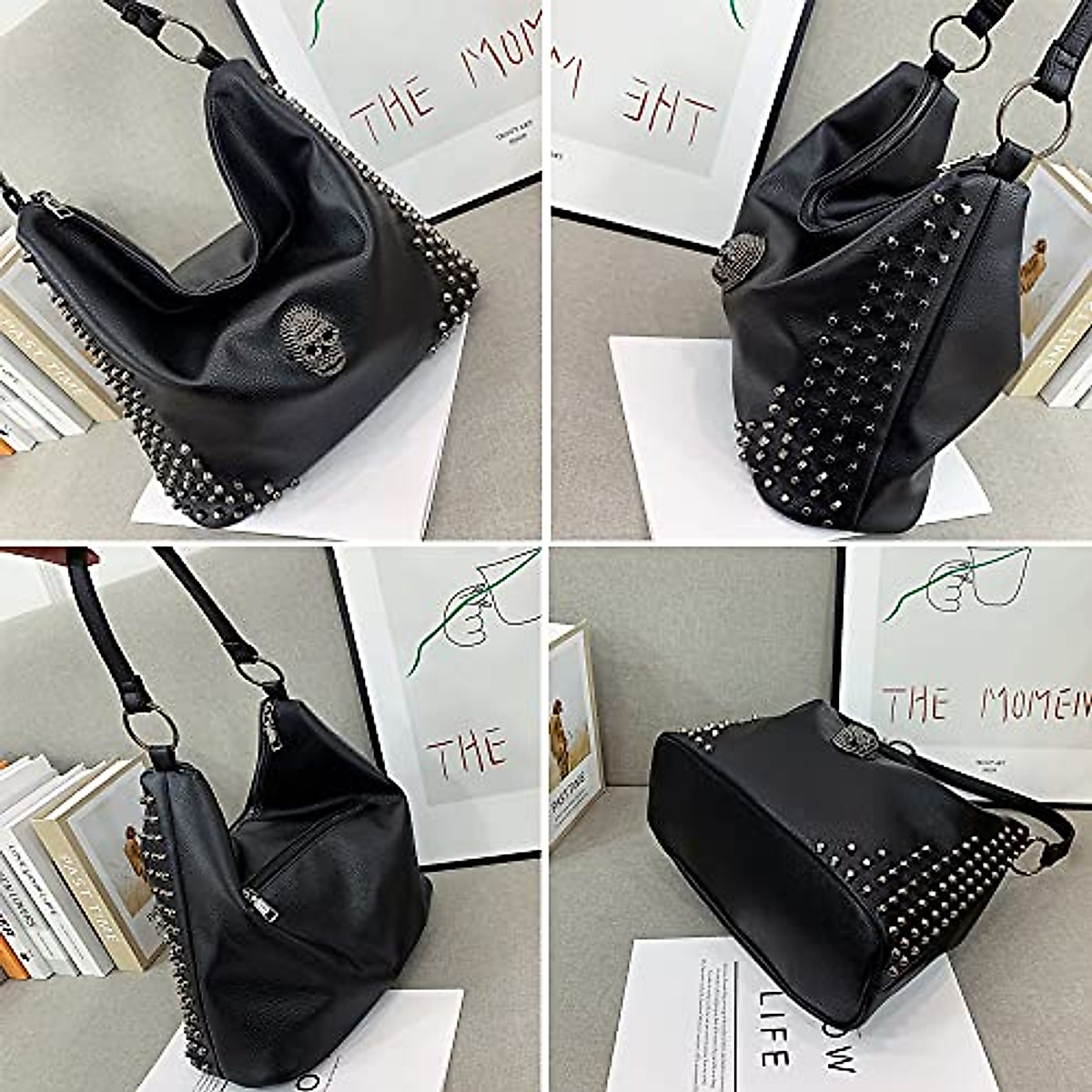 Downupdown Women Handbag PU Leather Shoulder Bag Skull Rivet Tote Bag Crossbody Bag with Long Shoulder Strap-Rivet
