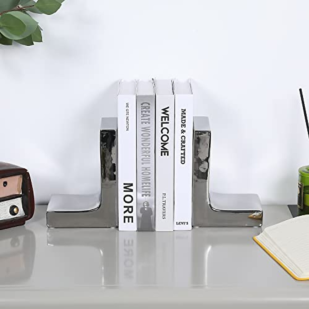 MyGift Metallic Silver Ceramic L-Shape Decorative Bookends Unique Modern Office Desk Book Stand, 1-Pair