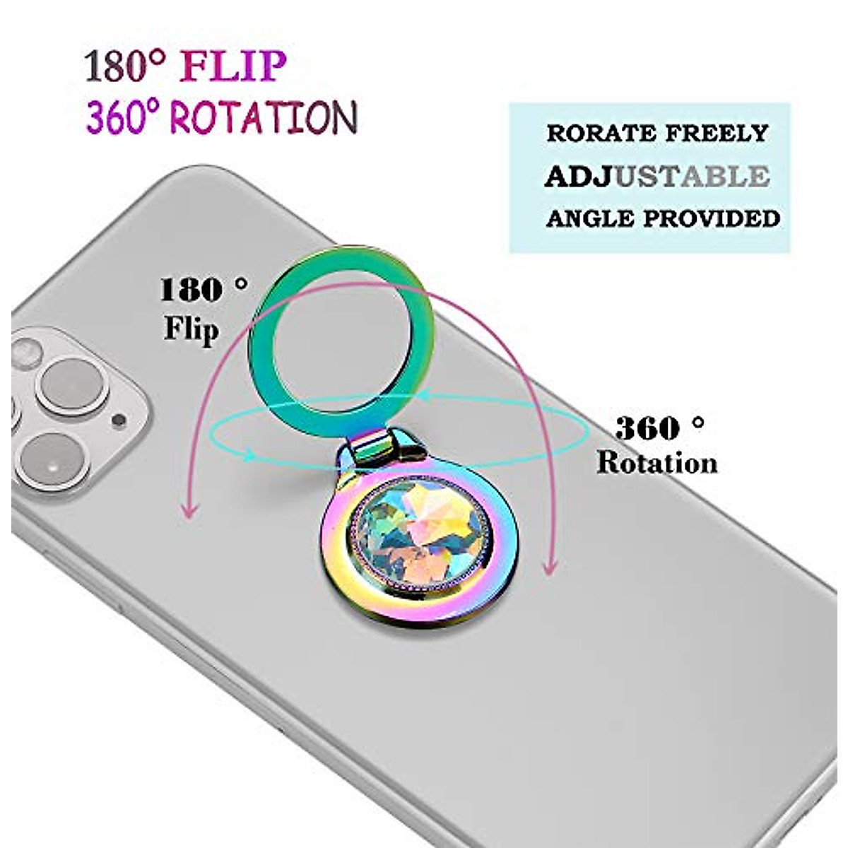 lenoup Iridescent Glitter Bling Bling Phone Ring Holder,Rainbow Sparkle Phone Ring Artificial Diamond Stand,Teal Rhinestone Cell Phone Finger Ring