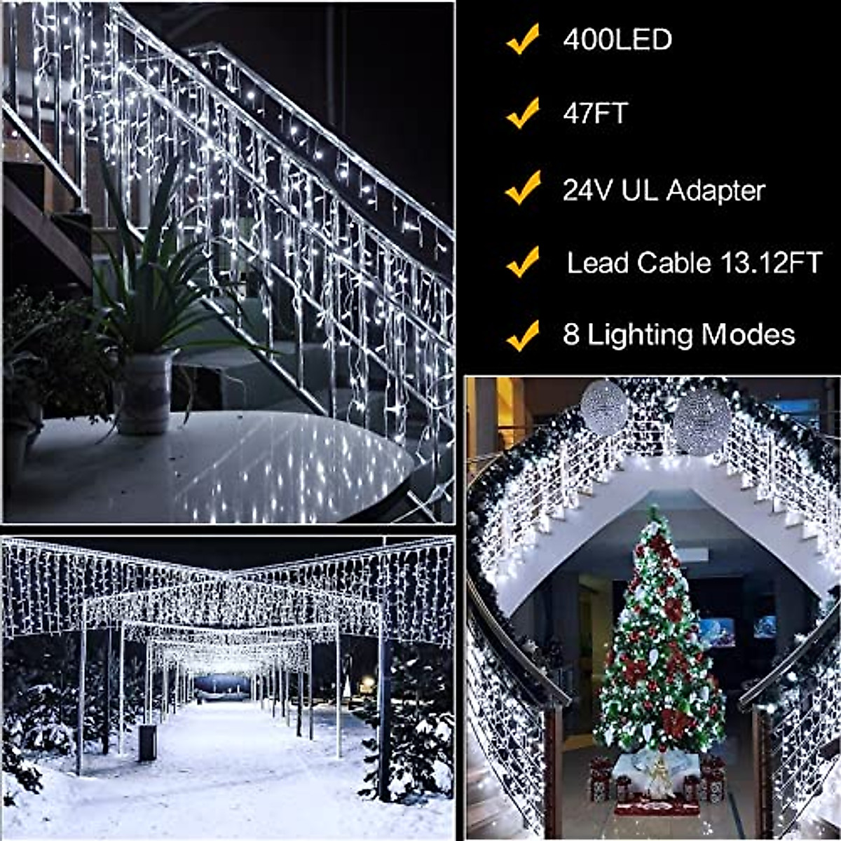 Techip Christmas Lights Outdoor Icicle Lights 400LED 47FT 8Modes Connectable LED String Lights Plug in with 80Drops Indoor Decorations for Garden Wall Christmas Halloween Decorations Cool White