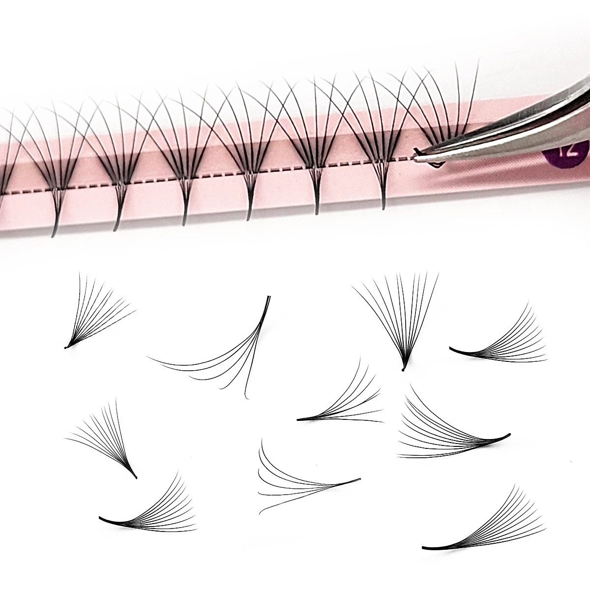 VEYES INC Eyelash Extension Supplies Premade Fans Eyelash Extensions Mixed Tray 10D 0.07 C Curl 9-16mm Short Stem Premade Volume Lash Extensions Fans Matte Black 120 Fans