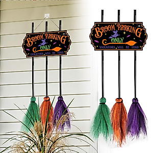 Halloween Decorations - Hanging Ornaments Decor - Broom Parking with 3 Witches Brooms for Front Porch Wall Home Office Indoor Outdoor