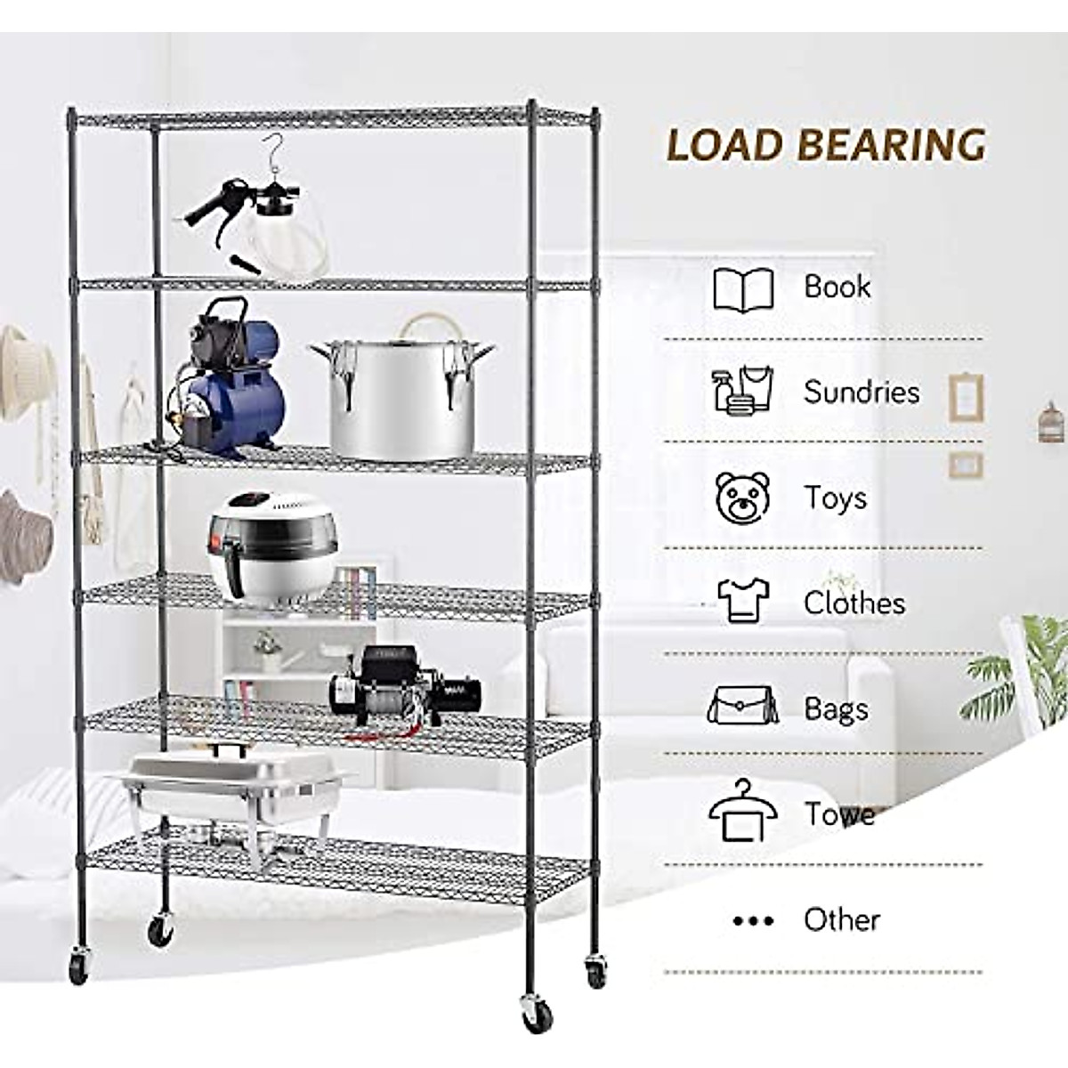 Alohappy 6 Tier Adjustable Metal Shelf Wire Shelving Unit Storage with Wheels 82" H x 48" L x 18" D for Home Kitchen Garage Pantry (Silver)