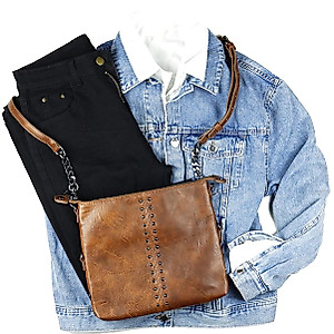 K&Bo Stevie Women’s Studded Chain Crossbody Handbag Purse Brown, Rocker Chic Boho Medium, Converts to Clutch Bag, Lightweight