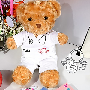Hinly 2 Pcs Nurse Appreciation Gifts Nurse Bear Plush Toy Stuffed Animal Nurse Keychain Doctor Practitioner Graduation Gifts(White)