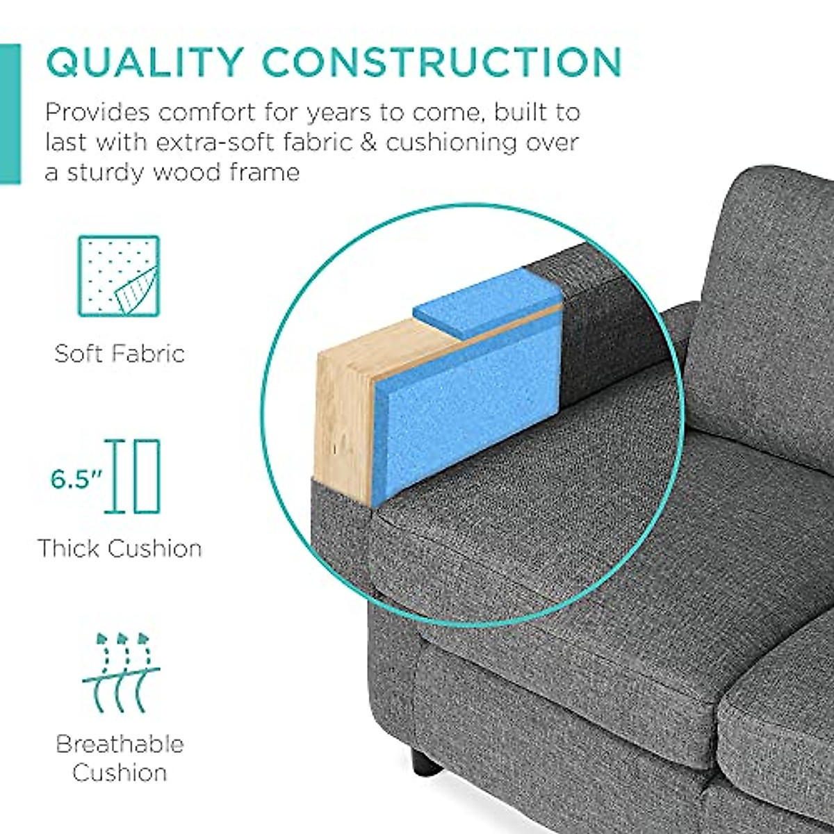 Best Choice Products Linen Sectional Sofa for Home, Apartment, Dorm, Bonus Room, Compact Spaces w/Chaise Lounge, 3-Seat, L-Shape Design, Reversible Ottoman Bench, 680lb Capacity - Gray