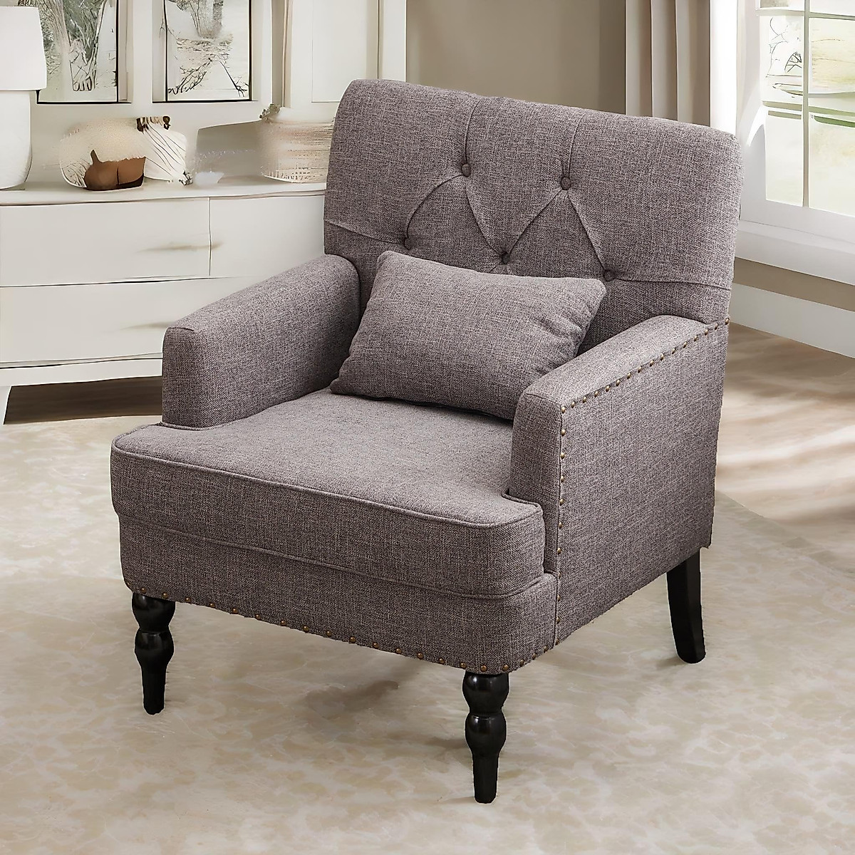 HUIMO Tufted Club Chair with Lumbar Pillow,Upholstered Button Armchair,Accent Reading Chair,Linen Fabric Sofa Chairs for Bedroom, Living Room, Mid Century Modern with Studded Chair Grey