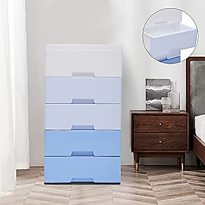 Plastic Drawers Storage Cart Mobile Cabinet with Casters, 5 Drawer Stackable Vertical Clothes Storage Tower Tall Chest Closet, Large Containers Organizer Unit (12"D x 18"W x 33"H - Blue)