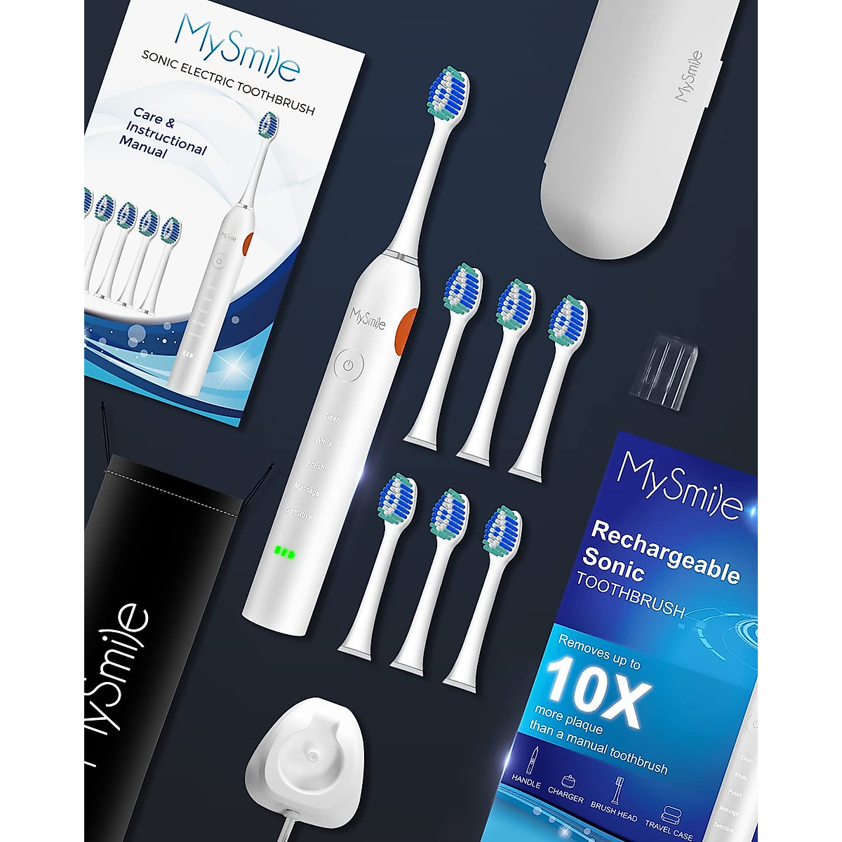 MySmile Electric Toothbrush for Adults, Rechargeable Sonic Electronic Toothbrush with 12 Brush Heads and Travel Case