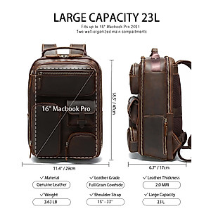 Taertii Full Grain Leather Backpack for Men, Fits 15.6" Laptop Multi Pockets Travel Bag Daypack Rucksack - Brown