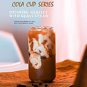 Drinking Glasses with Bamboo Lids and Glass Straw 4pcs Set - 16oz Can Shaped Glass Cups, Iced Coffee Glasses, Beer Glasses, Cute Reusable Bottle, Ideal for Whiskey, Tea, Gift - 2 Cleaning Brushes