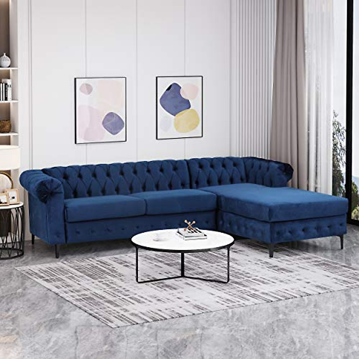 Christopher Knight Home Frieda Velvet 3 Seater Sectional Sofa with Chaise Lounge, Midnight Blue, Black