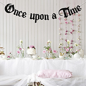 Pre-Strung Once Upon a Time Banner, Gothic Letter Bridal Shower Party Bunting Sign, Funny Wedding Engagement, Birthday, Bachelorette Party Decors Supplies Black Glitter
