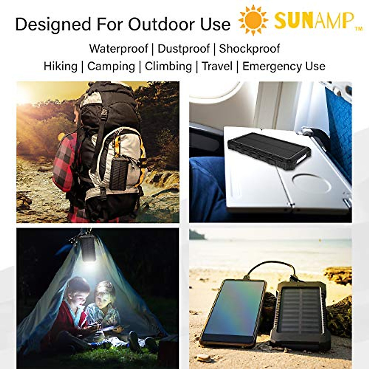 SunAmp Wireless Solar Power Bank | Solar Charger with USB Type C Quick Charge | Bright LED Flashlight | 20,000mAh | IP54 Rainproof Shockproof Dustproof for Travel and Outdoors | 4 Ports (Black) from