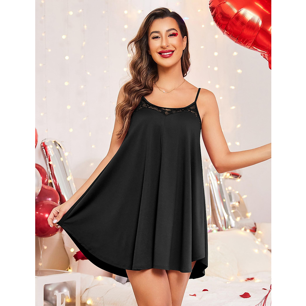 Ekouaer Women Lingerie Sleepwear Chemises V-Neck Full Slip Babydoll Nightgown Dress,24-black,X-Large