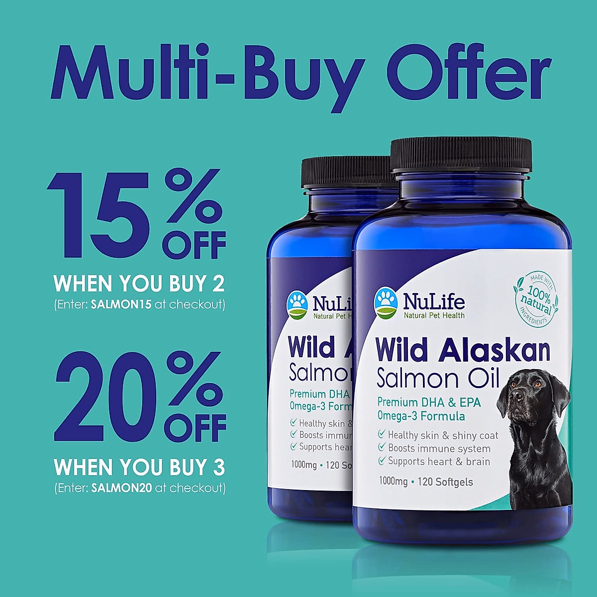 Pure Wild Alaskan Salmon Oil for Dogs, Omega 3 Fish Oil Supplement for Healthy Skin & Shiny Coat, Prevents Itchy Skin, Skin Allergies & Shedding, 120 Soft Capsules