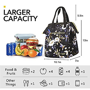 YASSIBY Women's Insulated Lunch Bag, Fashion Wide Tote Bag, Reusable Lunch Box, Water Resistant, For Work, Travel, Picnic.(Hummingbird-Large)