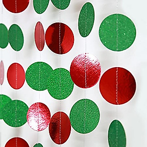 JEYE Red Green Circle Dots Party Garland Banner Decoration Paper Streamer Backdrop Hanging Decor for Birthday Engagement Wedding Christmas Party Decor, Pack of 2, 26 Feet in Total