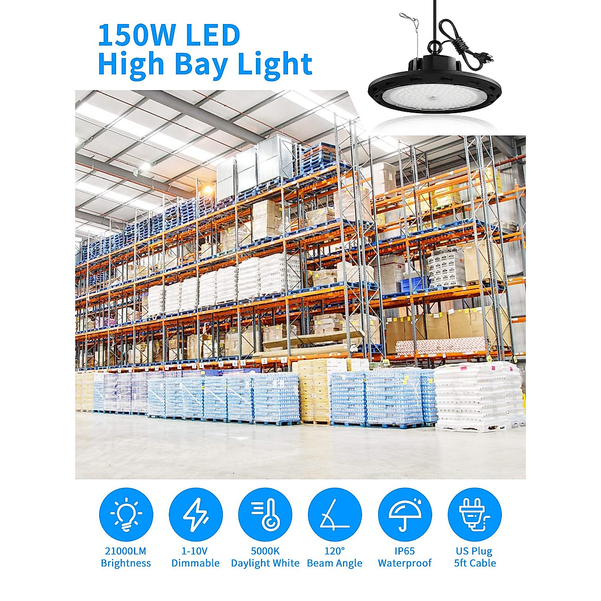 LED Garage Light, 185W 18500LM Plug in LED Shop Light, Linkable Garage Light with Plug Deformable 6 Panels, 6500K LED Garage Ceiling Lights for Garage, Warehouse, Barn, Basement Built-in ON/Off
