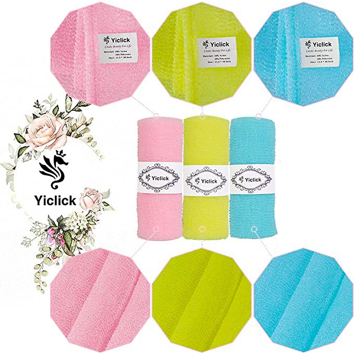 Yiclick Exfoliating Washcloth Towel [3 Pack], Japanese Exfoliating Bath Wash Cloth for Body Exfoliation, Korean Back Scrubber Washer for Shower, African Net Sponge Brush Loofah Exfoliator (3 Colors)