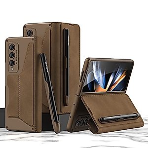 BAILI Galaxy Z Fold 3 Case with S Pen Slot,Galaxy Z Fold3 Flip Holster with S Pen Holder and Attached Card Slot,Instantly Converts Into Phone Bracket Cover for Samsung Z Fold 3-Cloud Brown